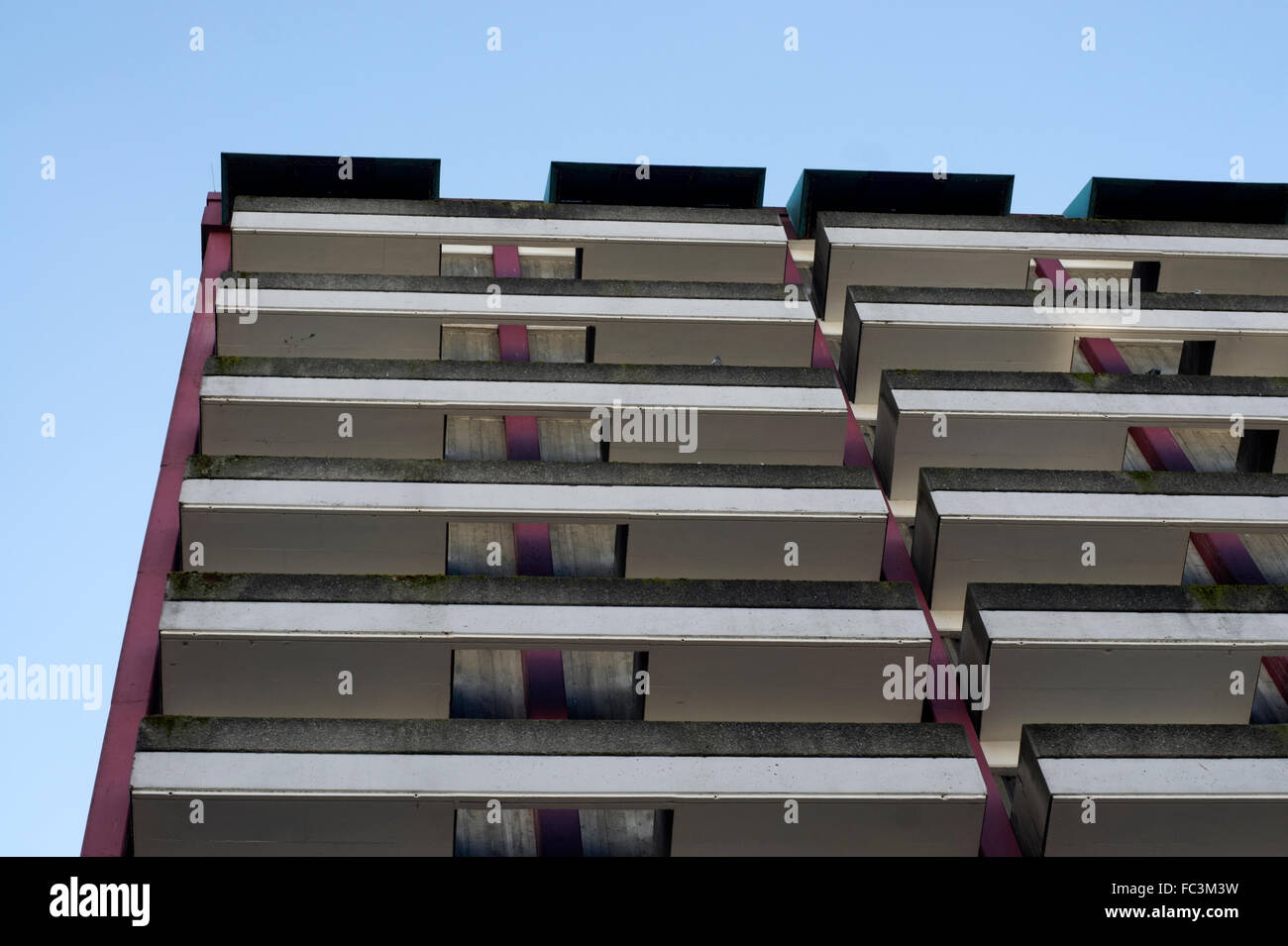 Balconies on the facade of a concrete high rise apartment building ...