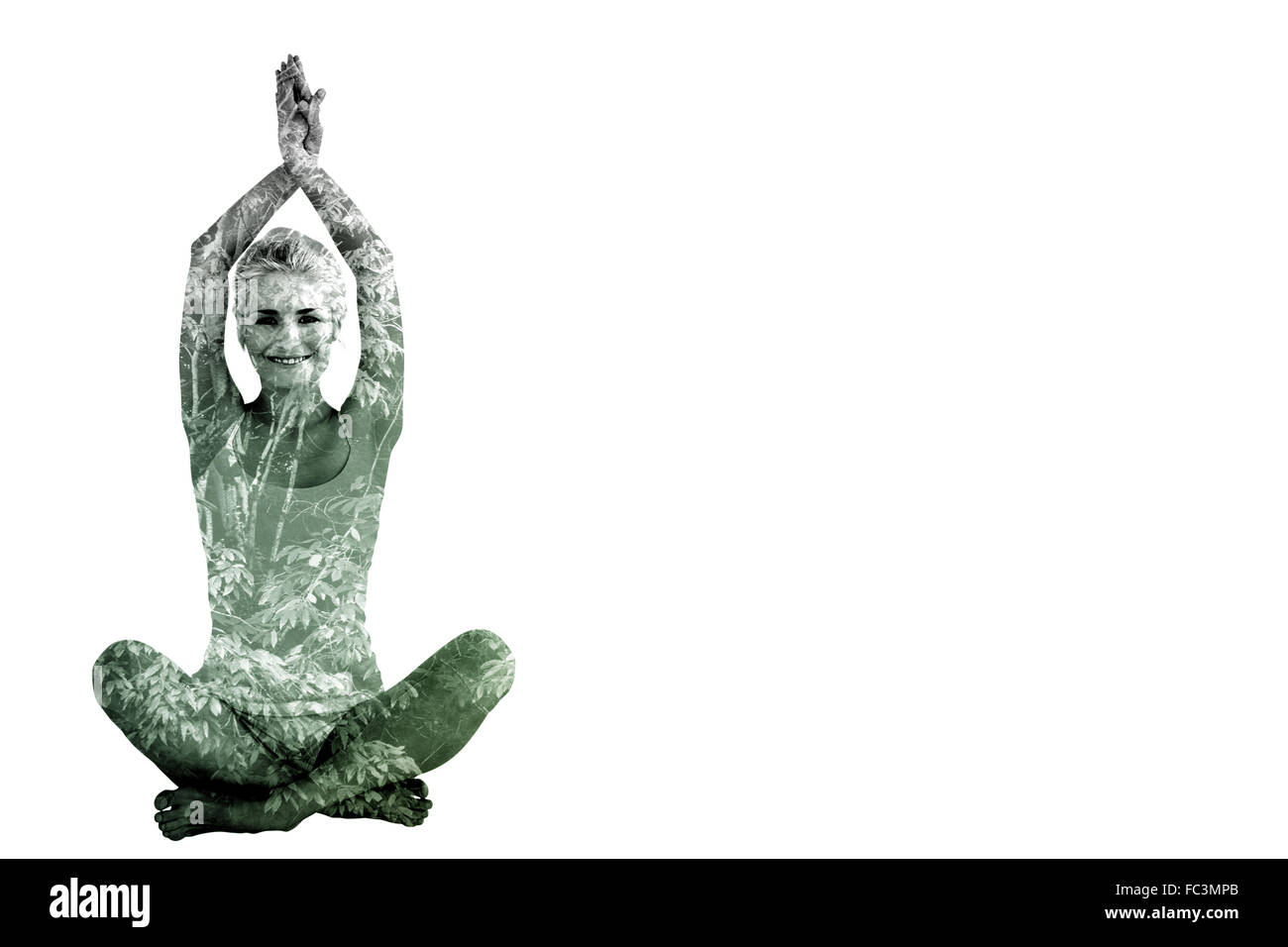Composite image of sporty woman sitting in namaskar pose with twisted ...