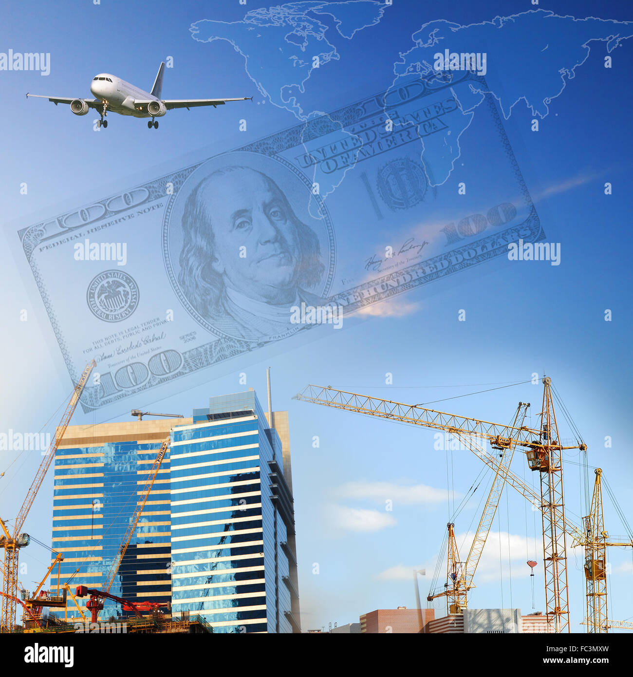 Business collage with financial charts and lighthouse on the background ...