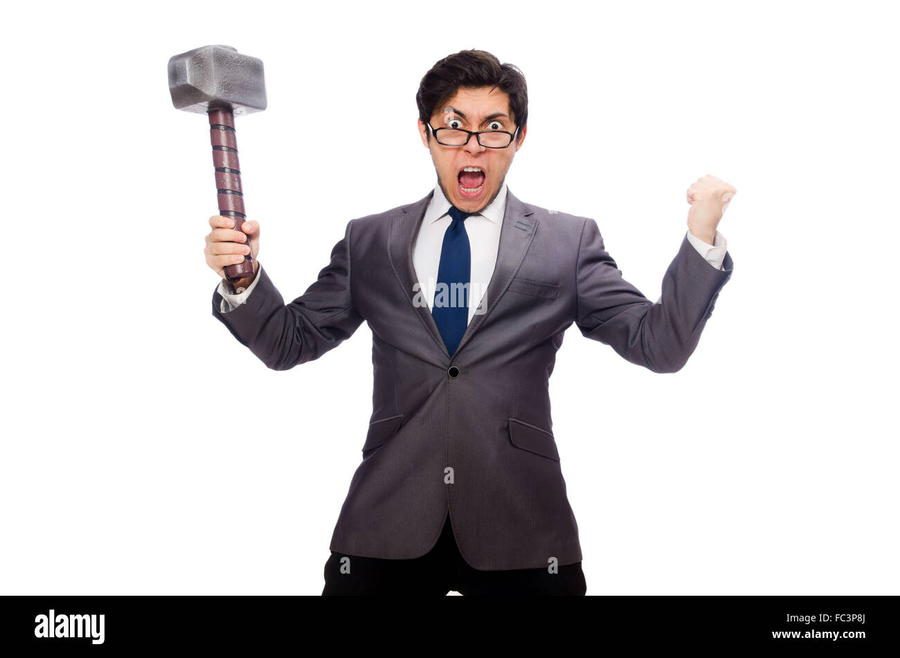 Business man holding hammer isolated on white Stock Photo - Alamy