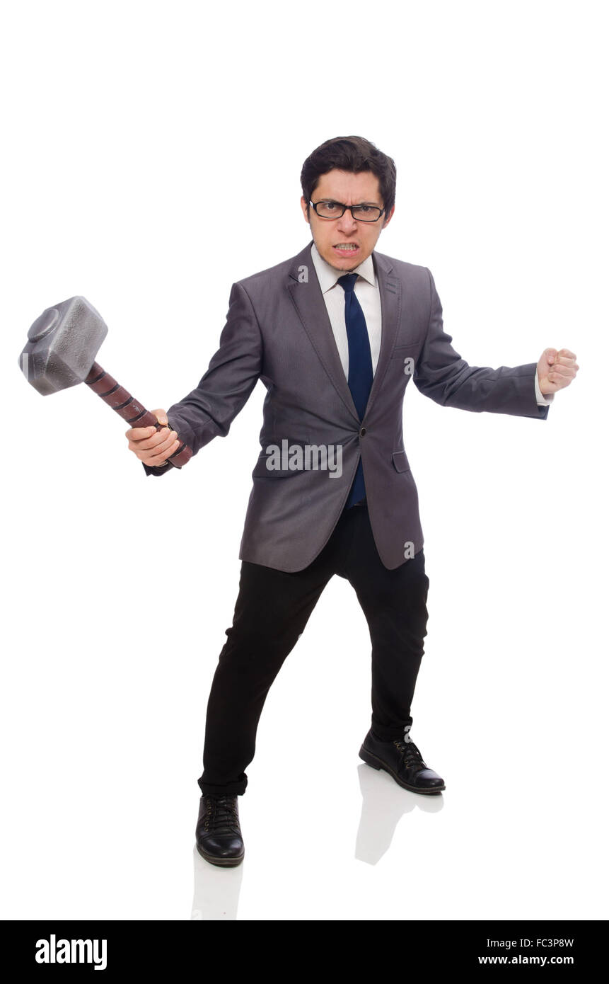 Business man holding hammer isolated on white Stock Photo - Alamy