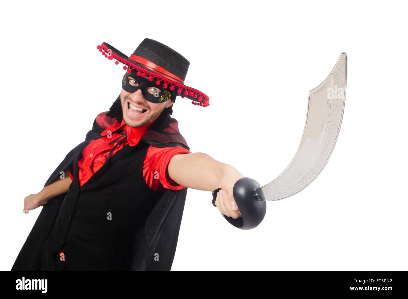 Young man in carnival coat with sword isolated on white Stock Photo - Alamy