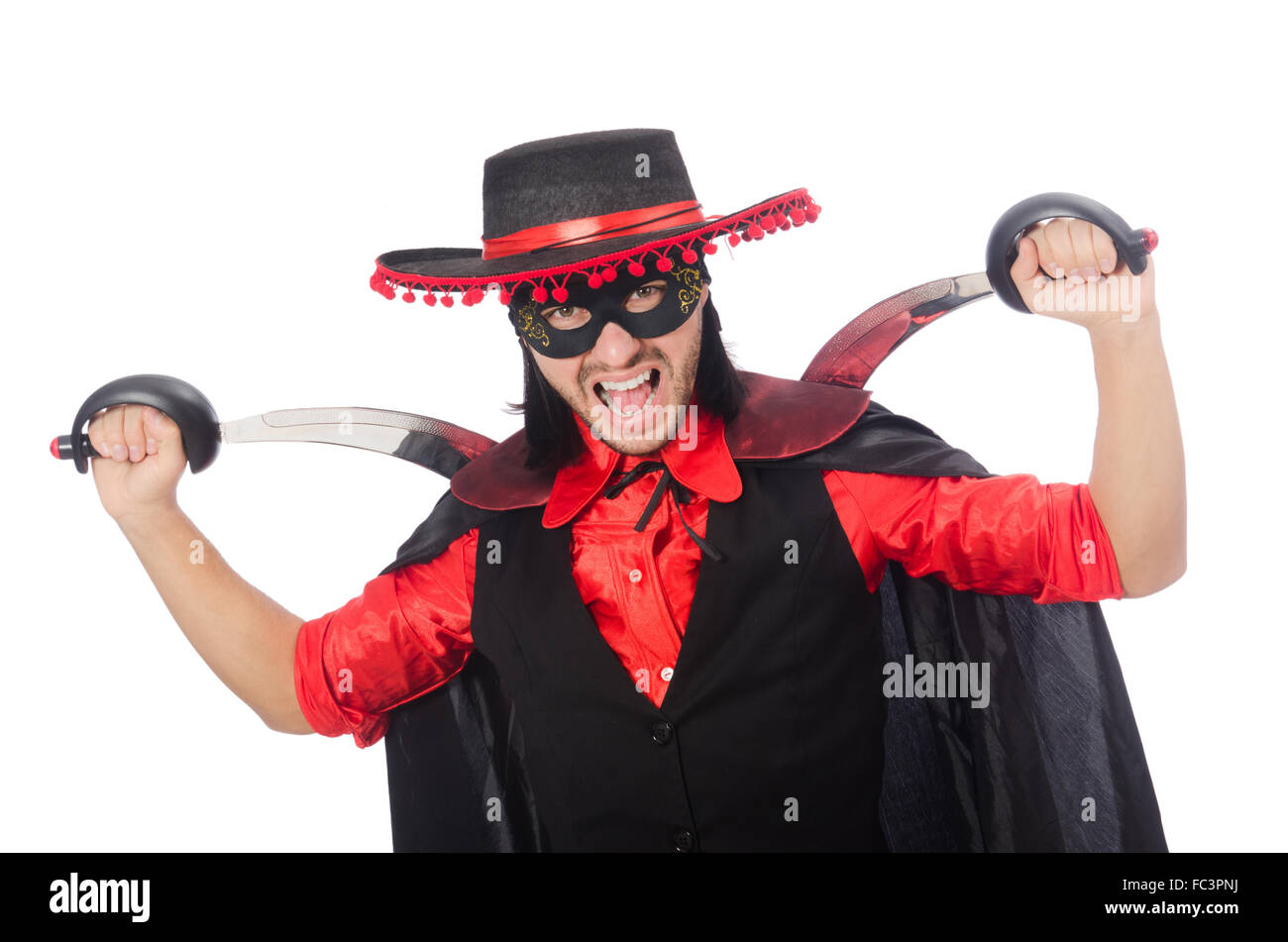 Young man in carnival coat with sword isolated on hi-res stock ...