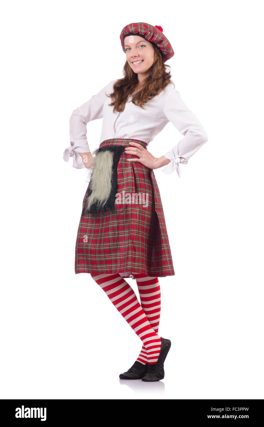 Pretty girl in plaid red clothing isolated on white Stock Photo - Alamy