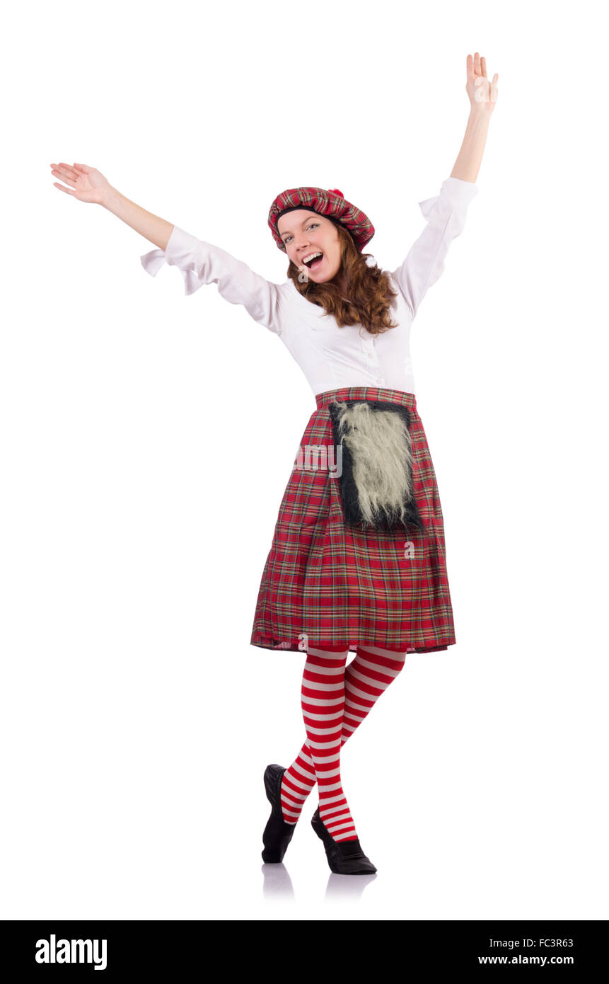 Pretty girl in plaid red clothing isolated on white Stock Photo - Alamy