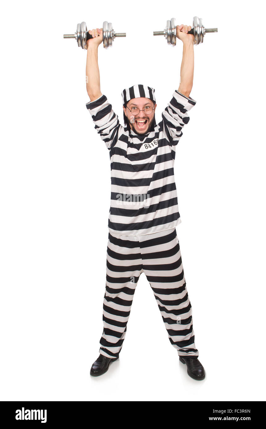 Prison inmate with dumbbells isolated on white Stock Photo - Alamy