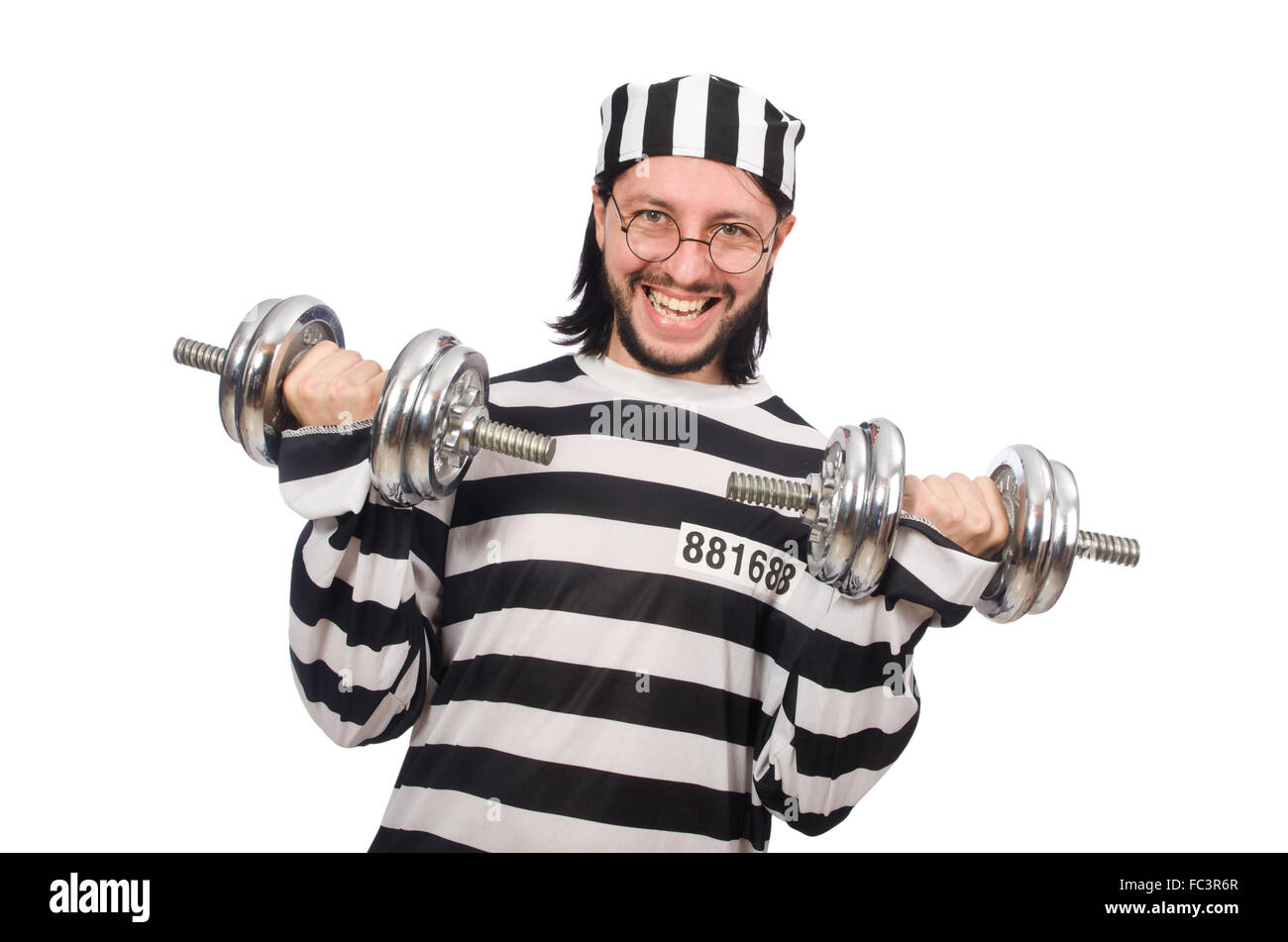 Prison inmate with dumbbells isolated on white Stock Photo - Alamy