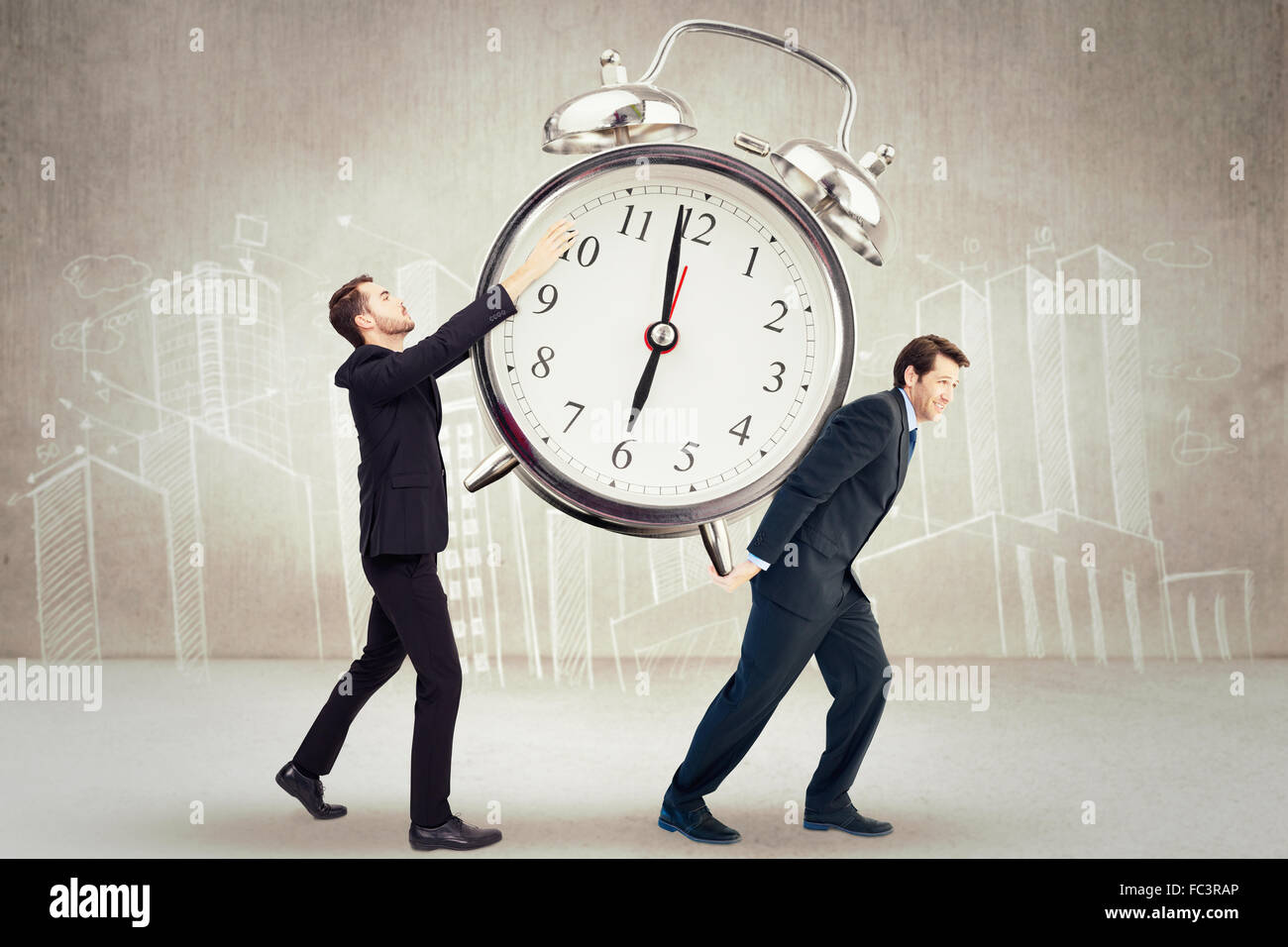 Composite image of businessman with arms raised catching something ...