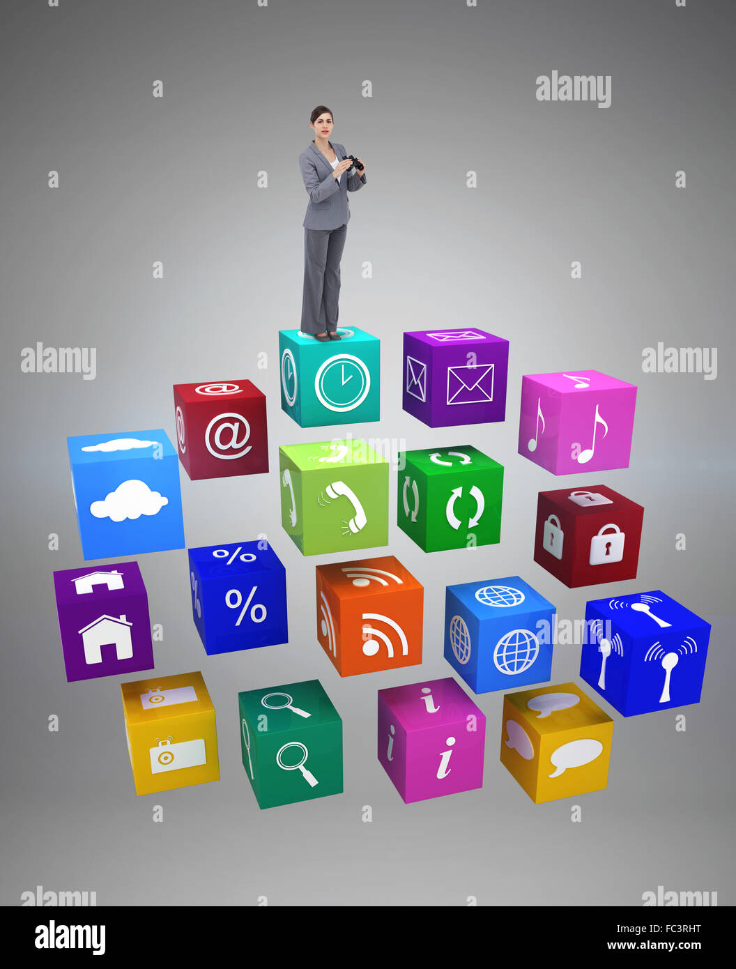 Composite image of curious young businesswoman posing with binoculars ...