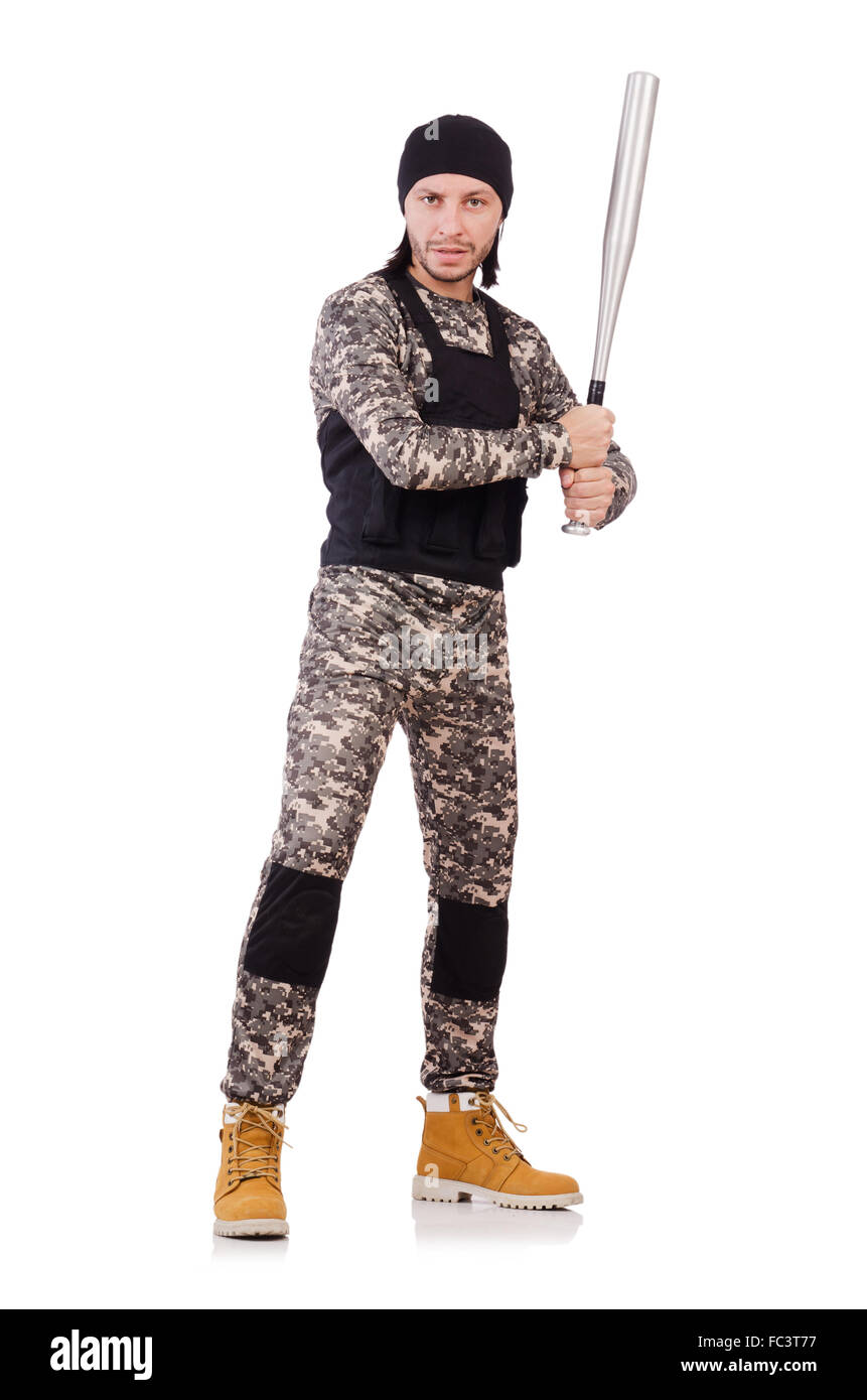 Young man in military uniform holding bat isolated on white Stock Photo ...