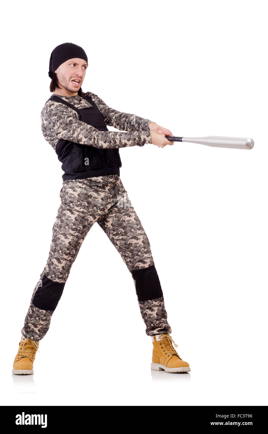 Young man in military uniform holding bat isolated on white Stock Photo ...