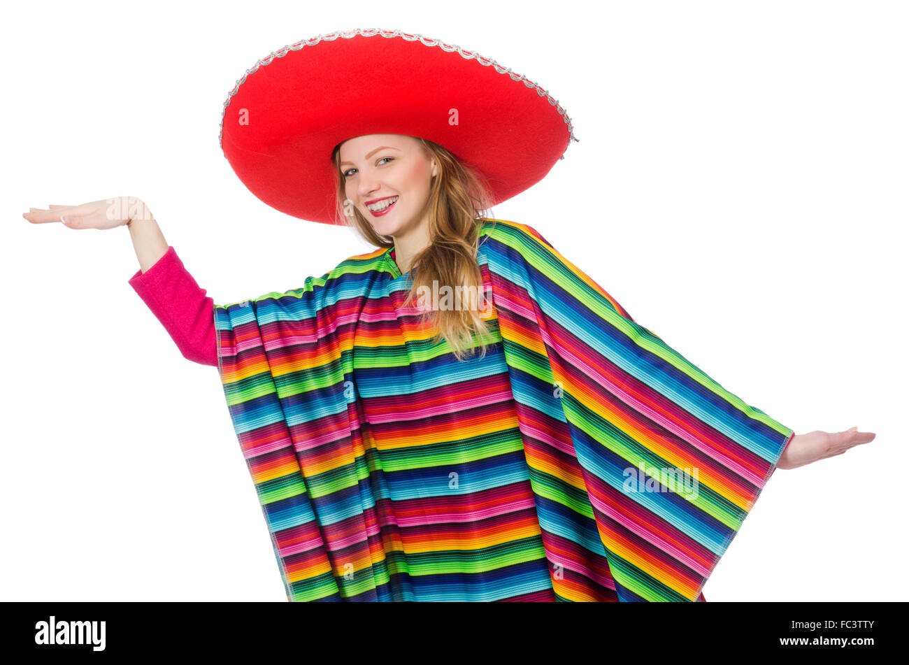 Pretty girl in mexican poncho isolated on white Stock Photo - Alamy