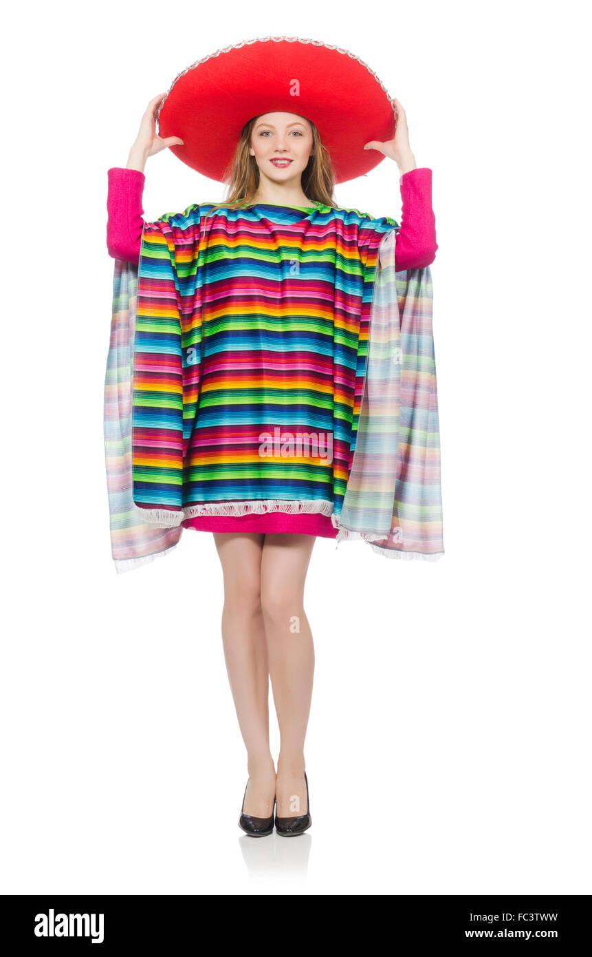 Pretty girl in mexican poncho isolated on white Stock Photo - Alamy