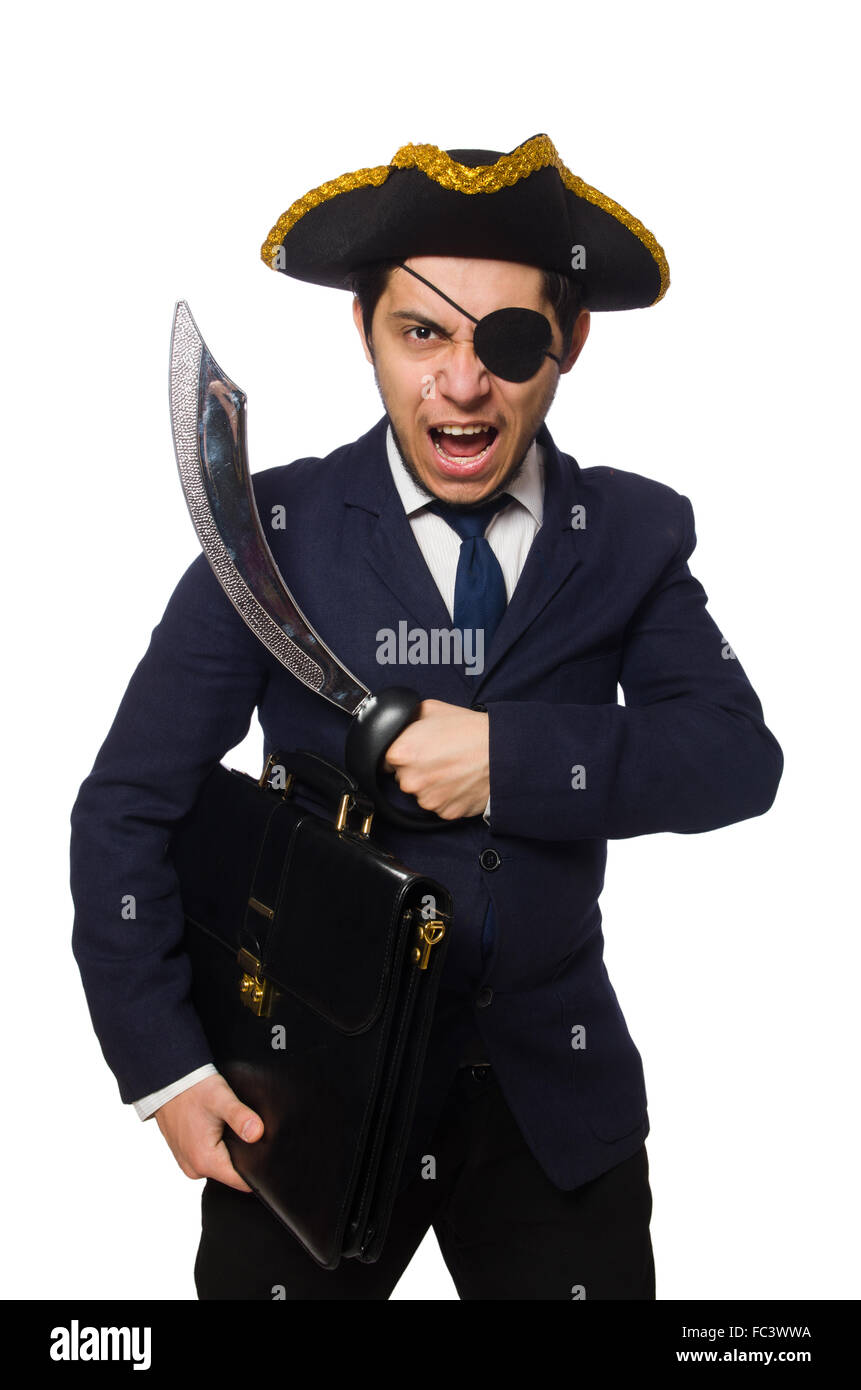One eyed pirate with briefcase and sword isolated on white Stock Photo ...
