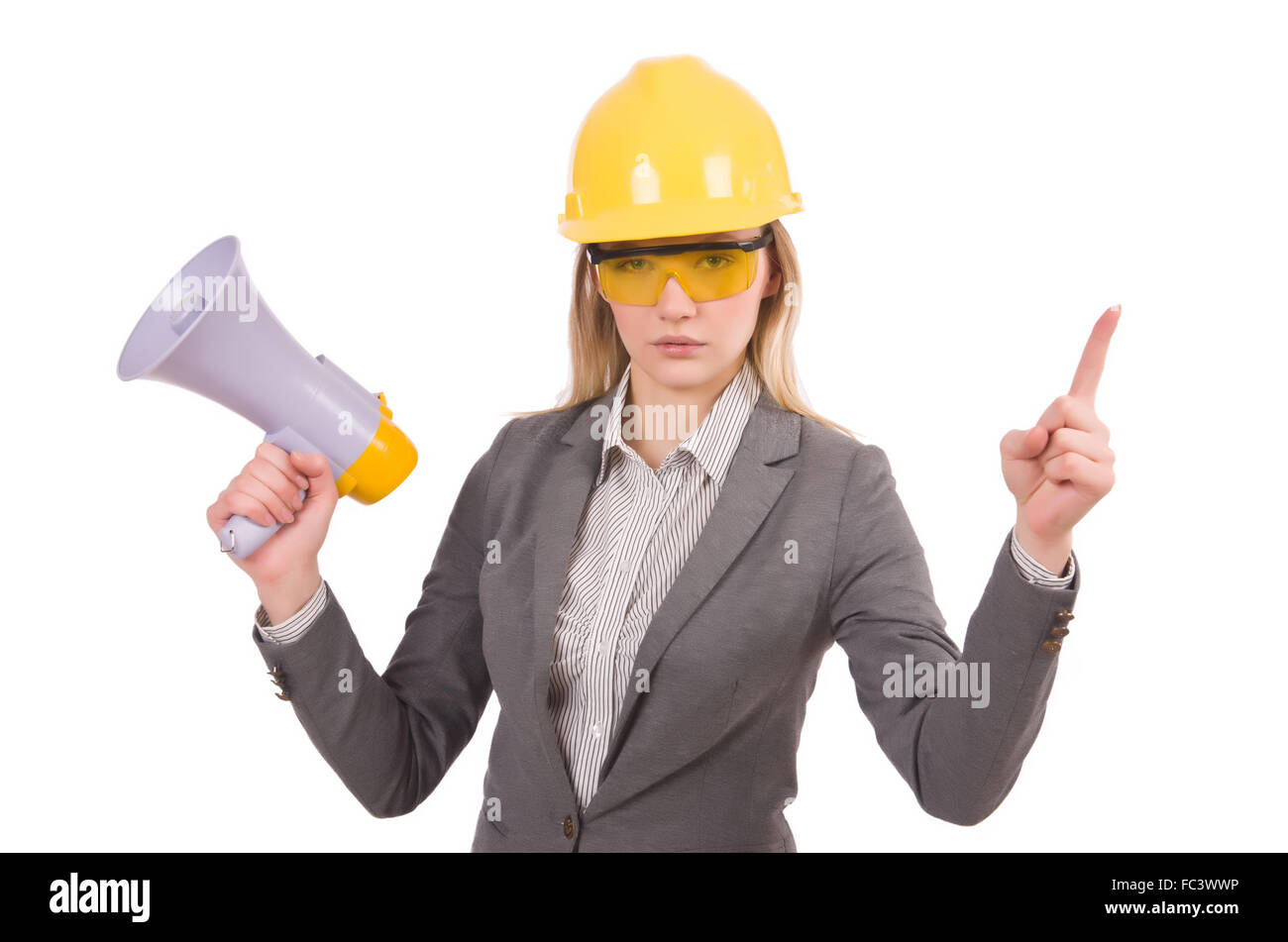 Construction employee with megaphone isolated on white Stock Photo - Alamy