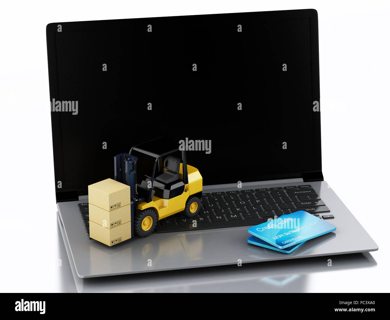 Laptop with Forklift truck. Delivering packages Stock Photo - Alamy