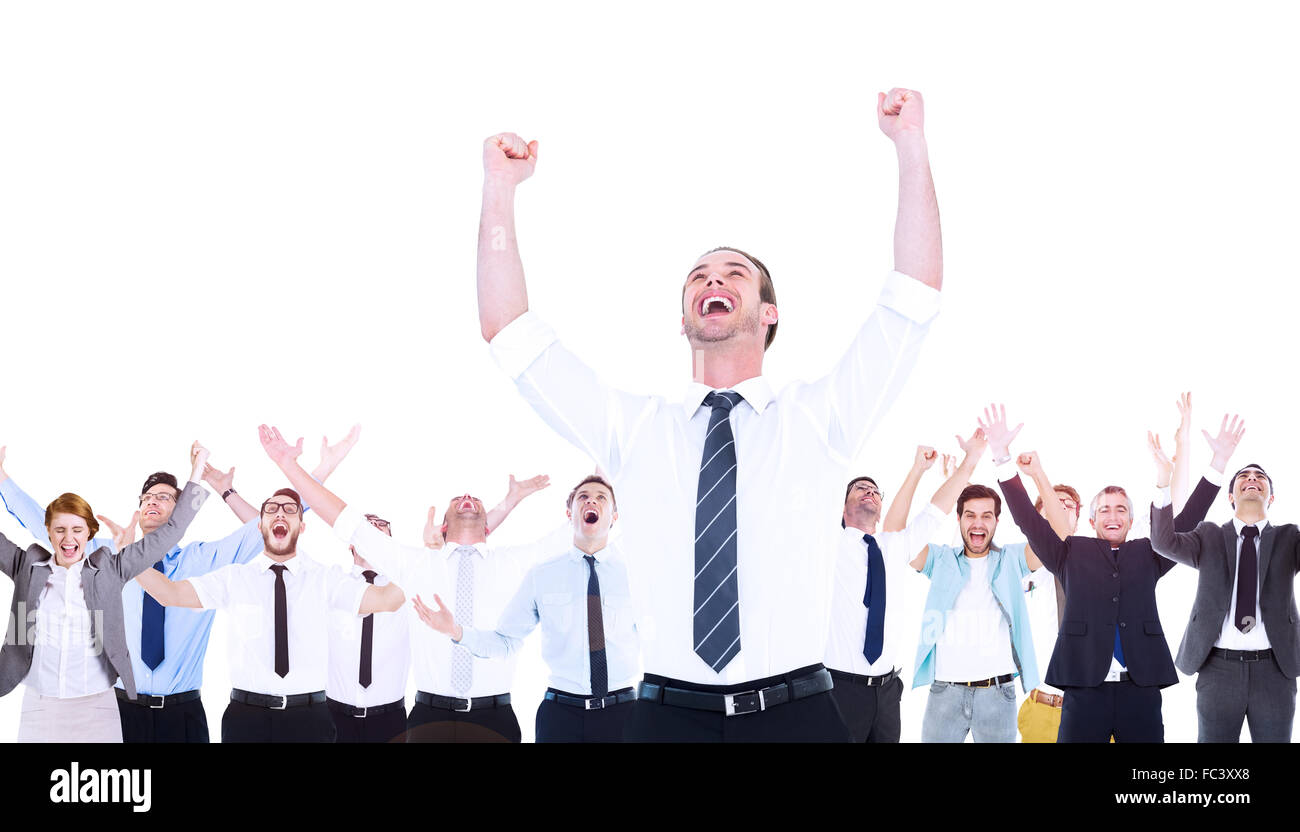 Composite image of handsome businessman cheering with arms up Stock ...
