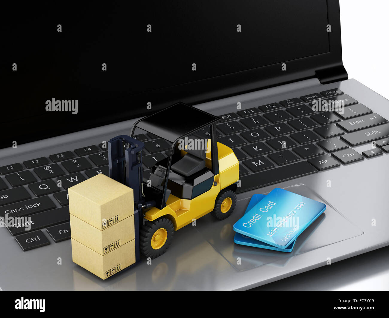 Laptop with Forklift truck. Delivering packages Stock Photo - Alamy