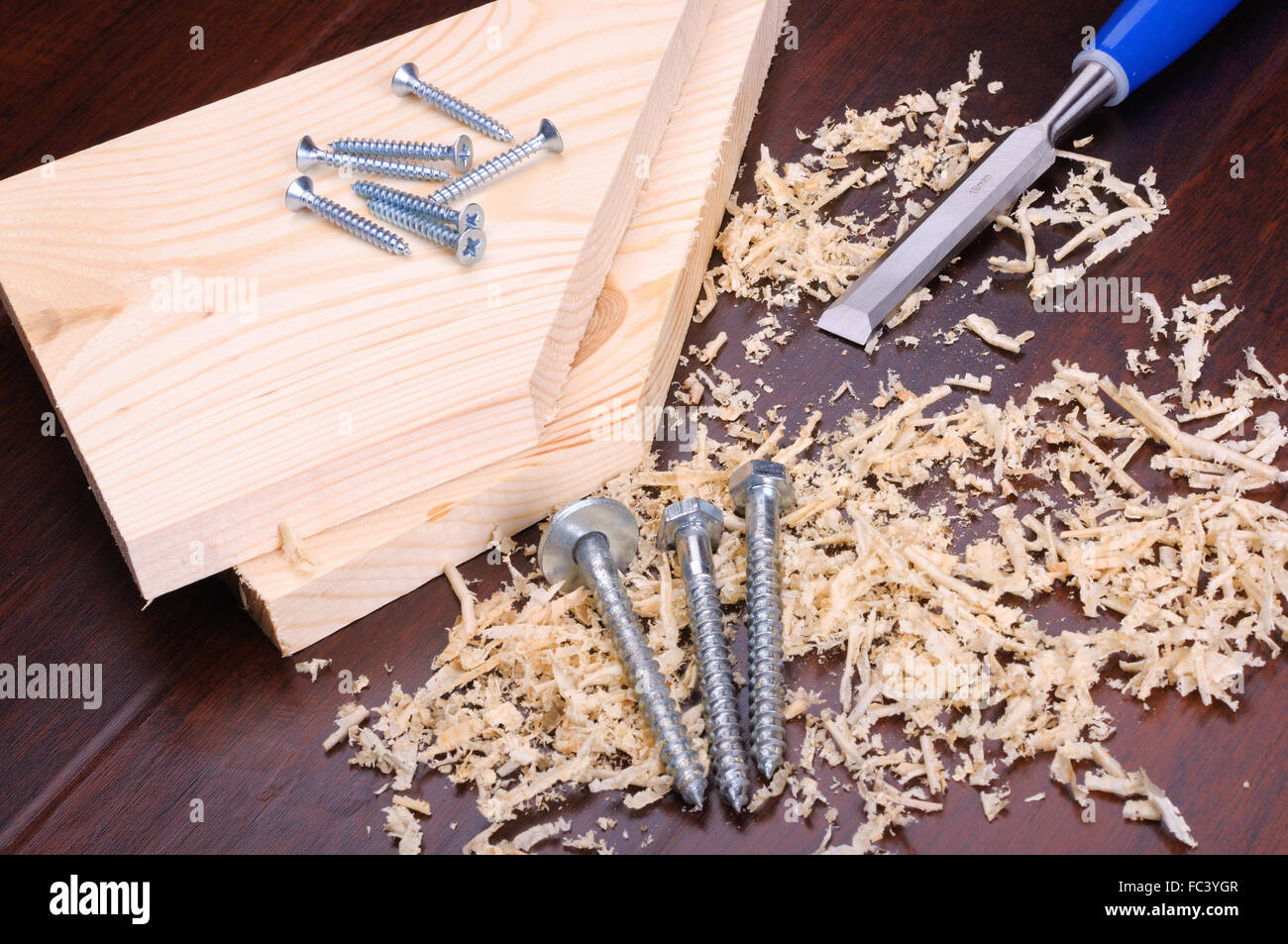 Wood shavings and various construction tools Stock Photo - Alamy