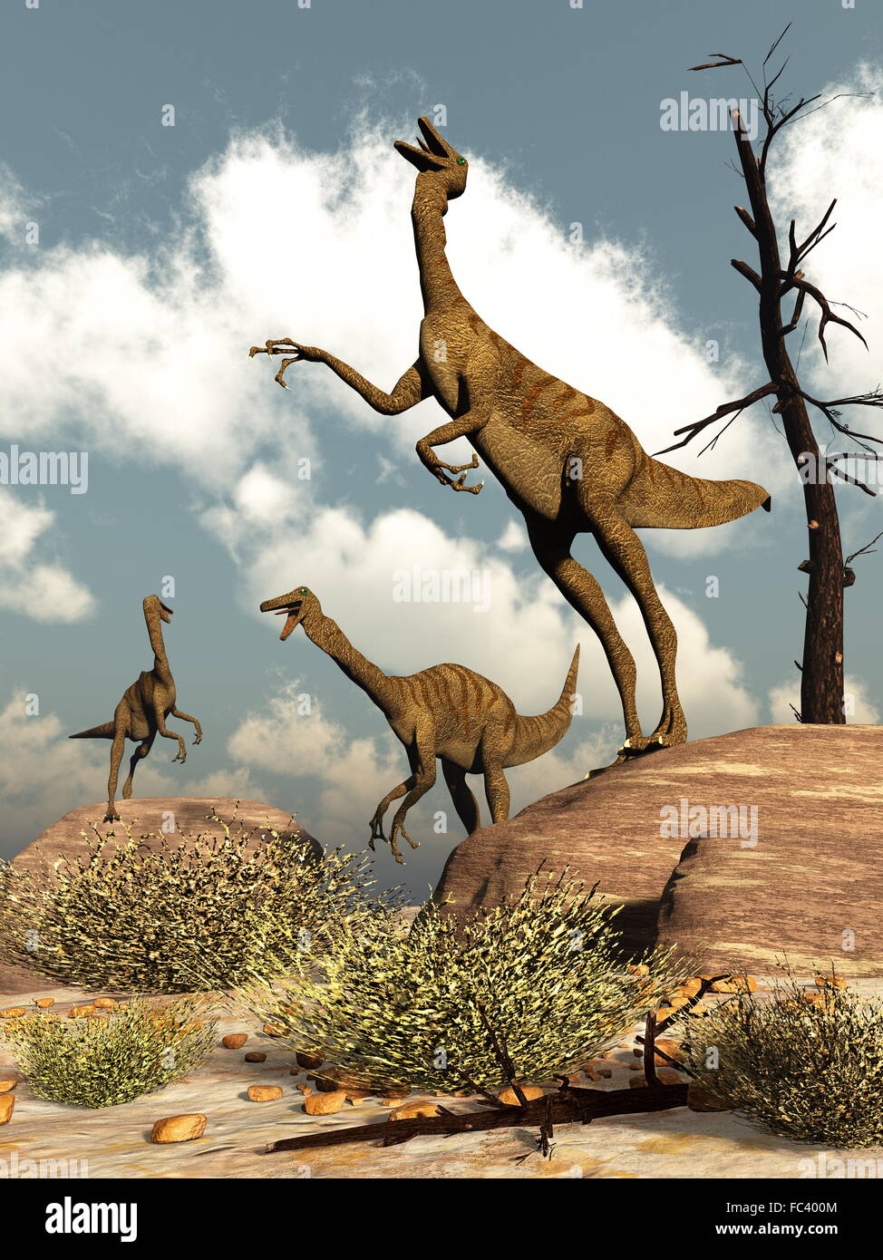 Gallimimus dinosaurs herd in the desert by day - 3D render Stock Photo ...