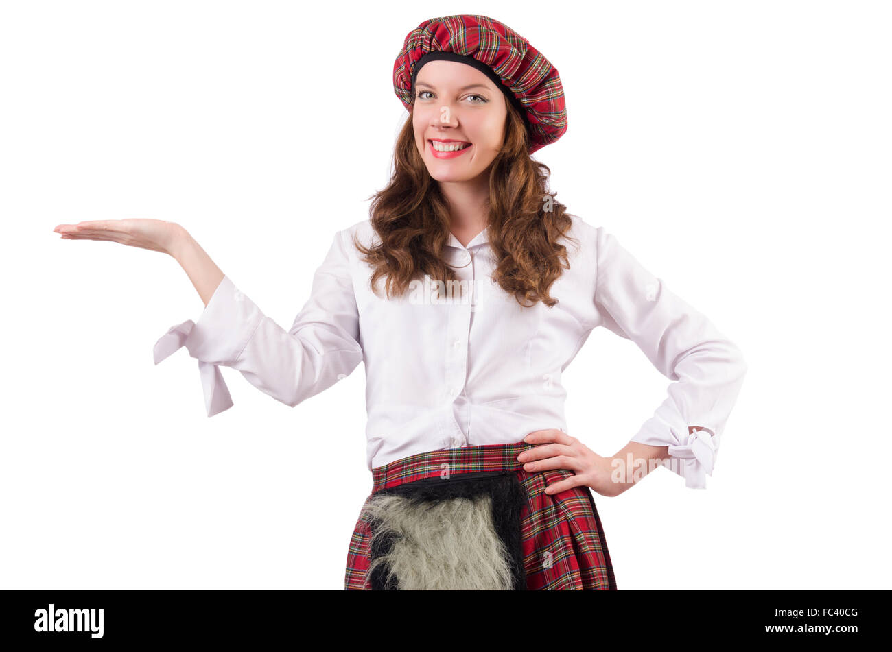 Pretty girl in plaid red clothing isolated on white Stock Photo - Alamy