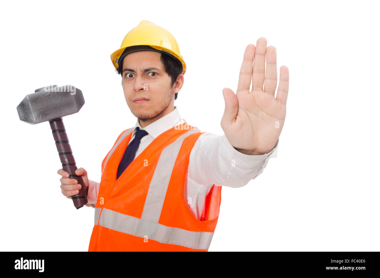 Construction worker with hammer isolated on white Stock Photo - Alamy