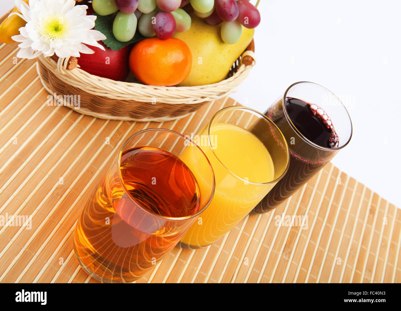 Breakfast of fresh fruit and glasses of various fresh juices Stock ...