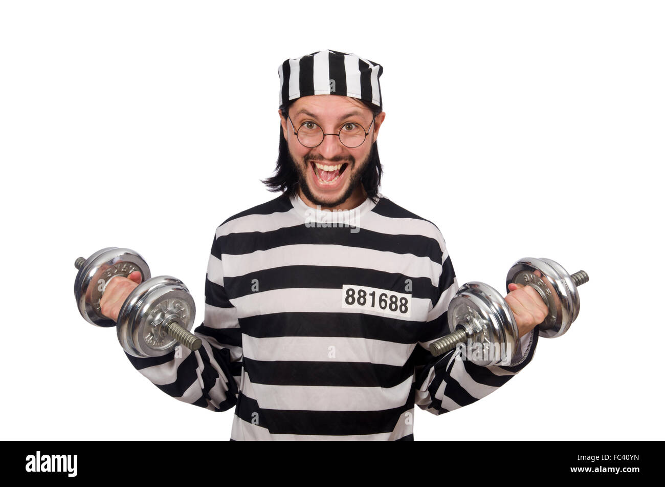 Prison inmate with dumbbells isolated on white Stock Photo - Alamy