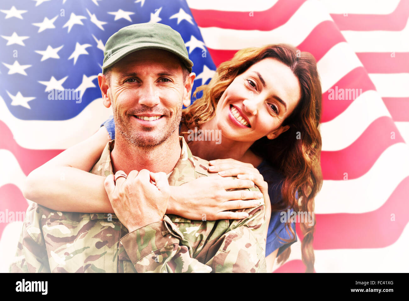 Composite image of soldier reunited with partner Stock Photo - Alamy