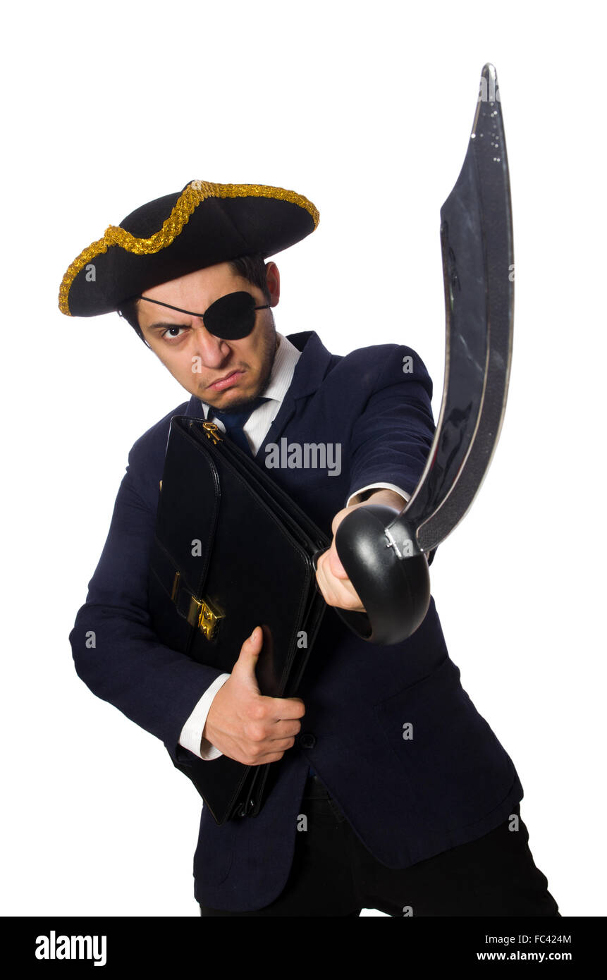 One eyed pirate with briefcase and sword isolated on white Stock Photo ...