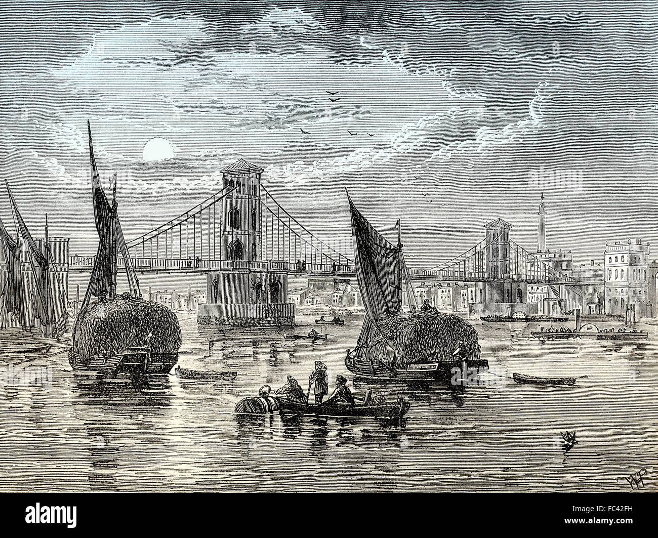 The first Hungerford Suspension bridge over the River Thames, 1845 ...