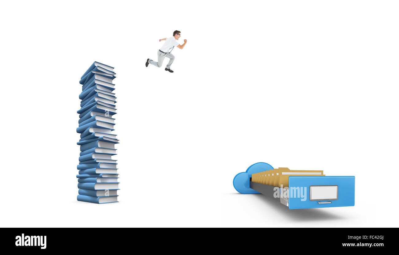 Composite image of geeky happy businessman running mid air Stock Photo ...