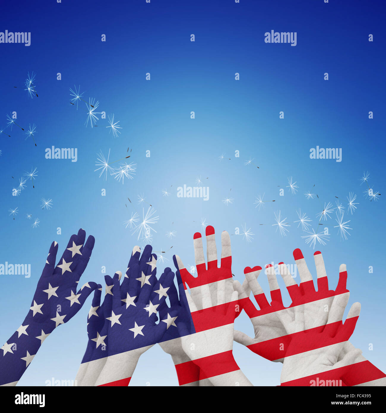 Composite image of people raising hands in the air Stock Photo - Alamy