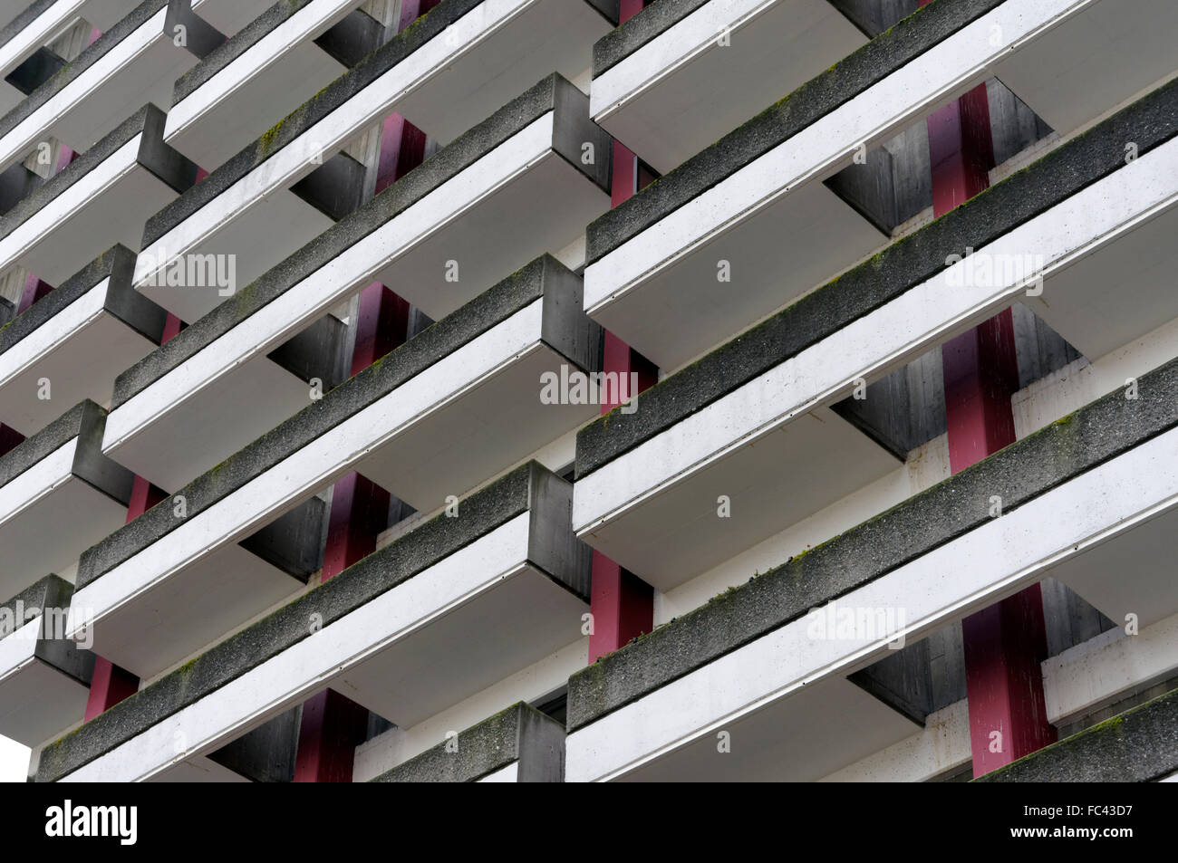 Balconies on the facade of a concrete high rise apartment building ...