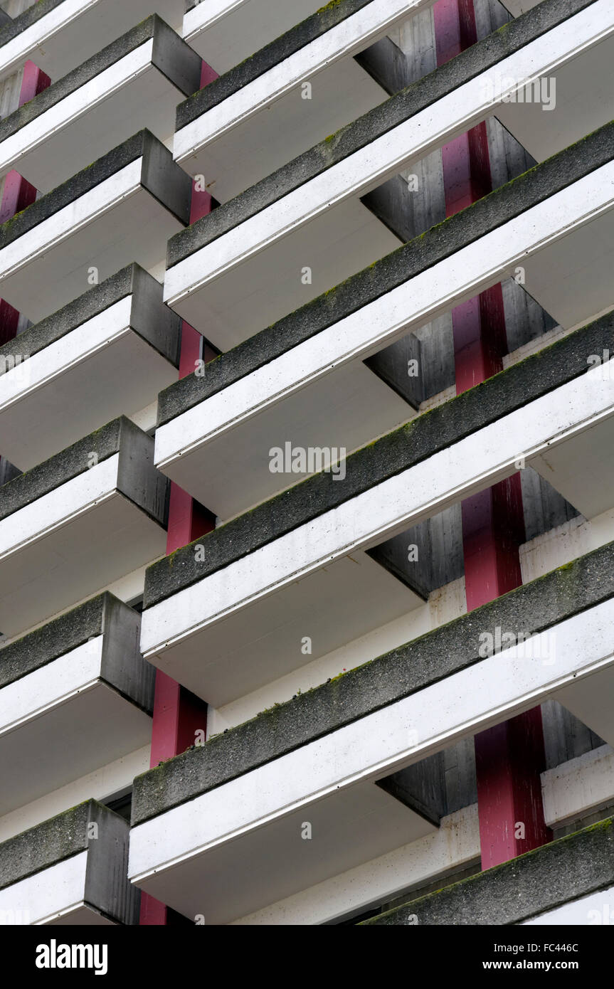 Balconies on the facade of a concrete high rise apartment building ...