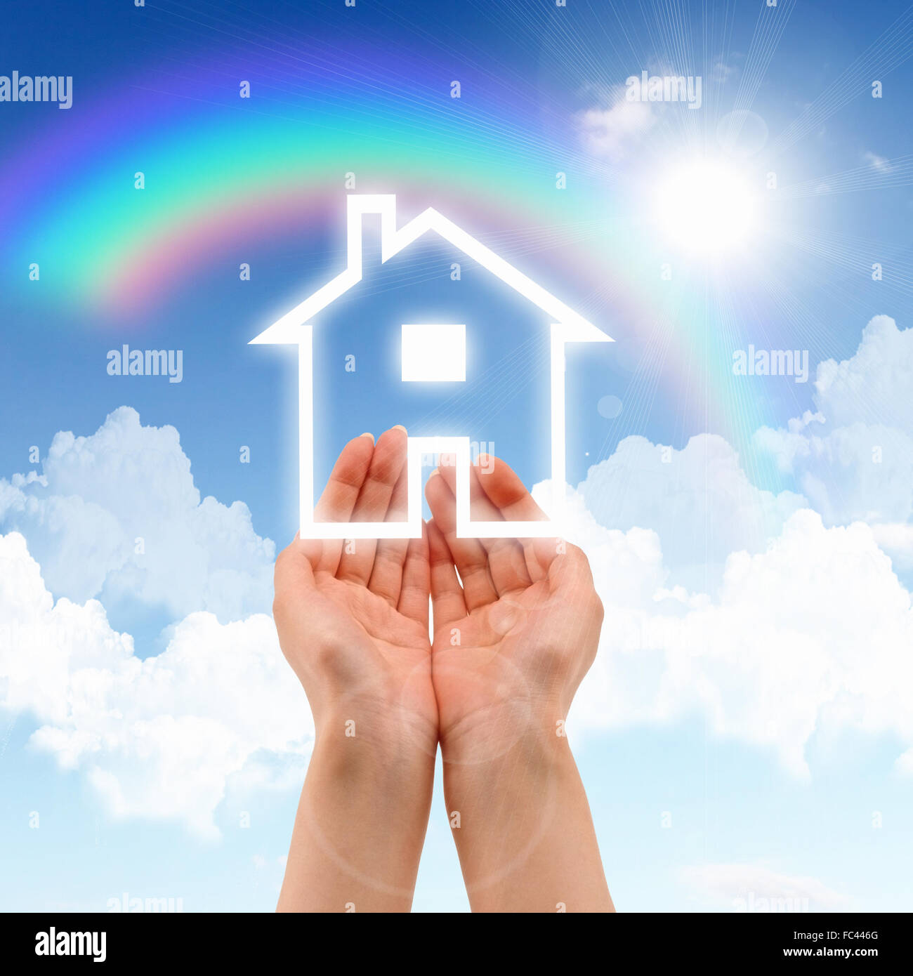 Human hand against blue sky background and house Stock Photo - Alamy