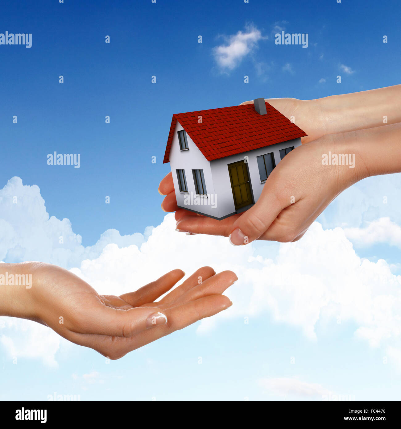 Human hand against blue sky background and house Stock Photo - Alamy