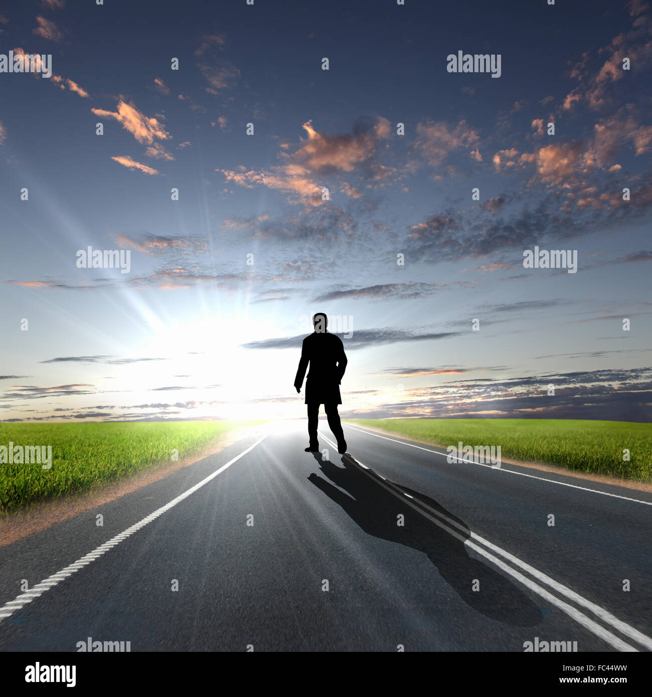 Collage with a human figure walking away along the coubtry road Stock ...