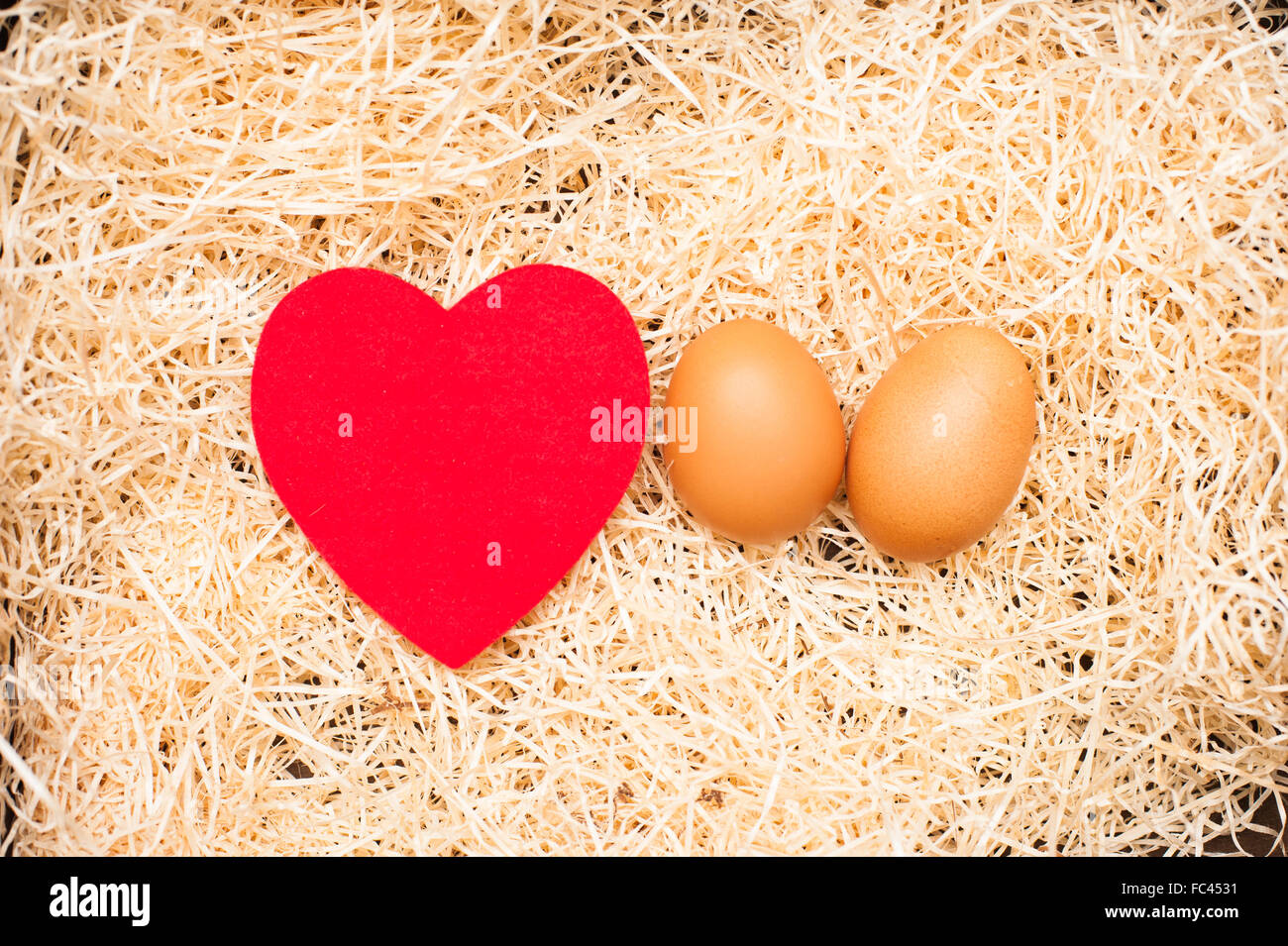 Love cradle and two twin eggs with red heart on yellow straw carpet ...