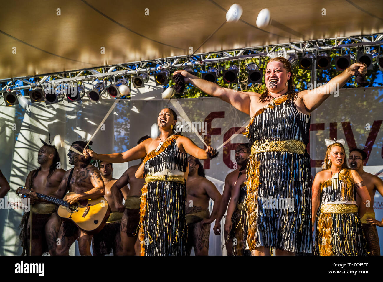 Maori native women performing doing the haka (war dance) at Melbourne ...