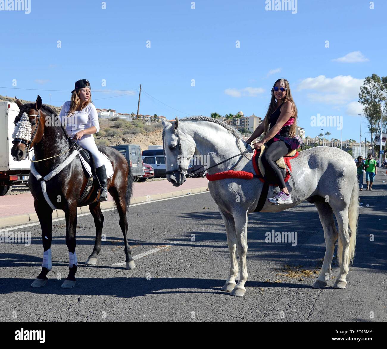 La Caleta, Costa Adeje, Tenerife. 20th January, 2016. Girls on horseback at Festival of San ...