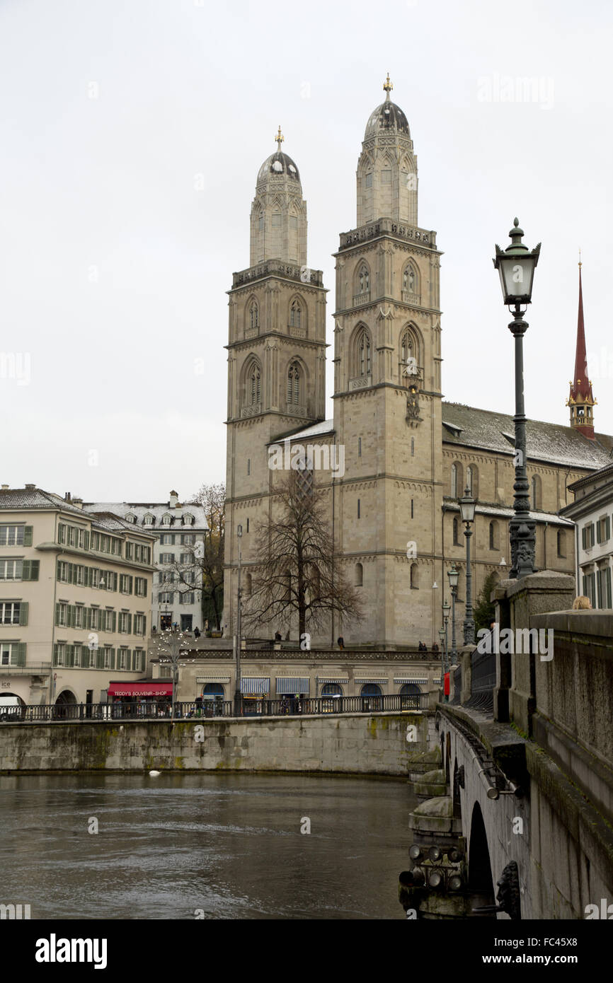 Twin towers of the Grossmunster (great minster) Protestant church in ...