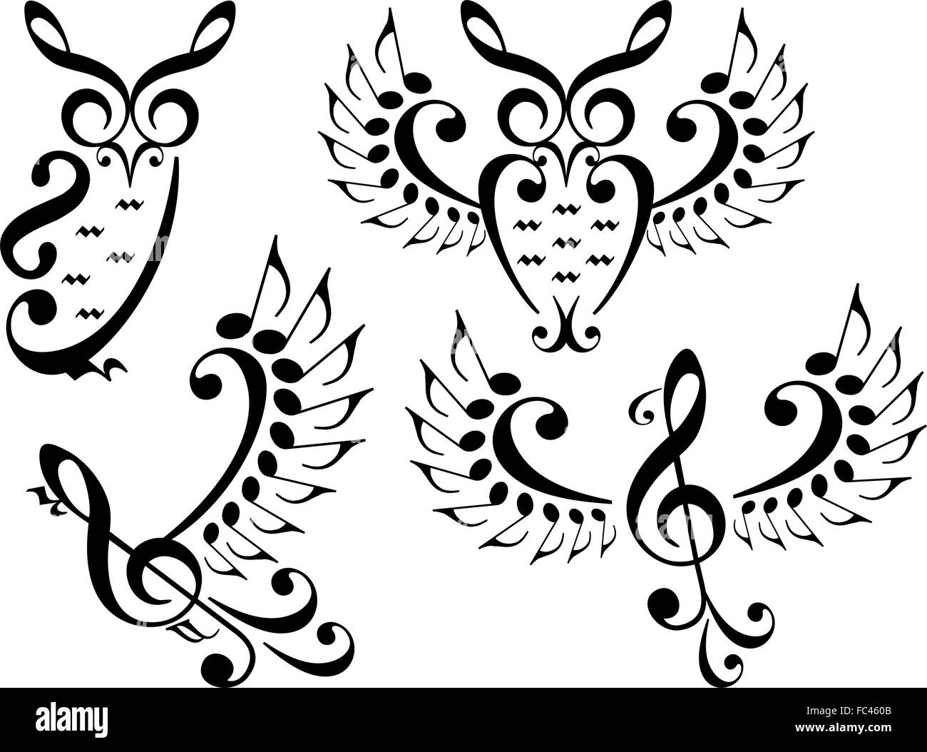 music owl and flying bird made of musical notes, vector set Stock ...