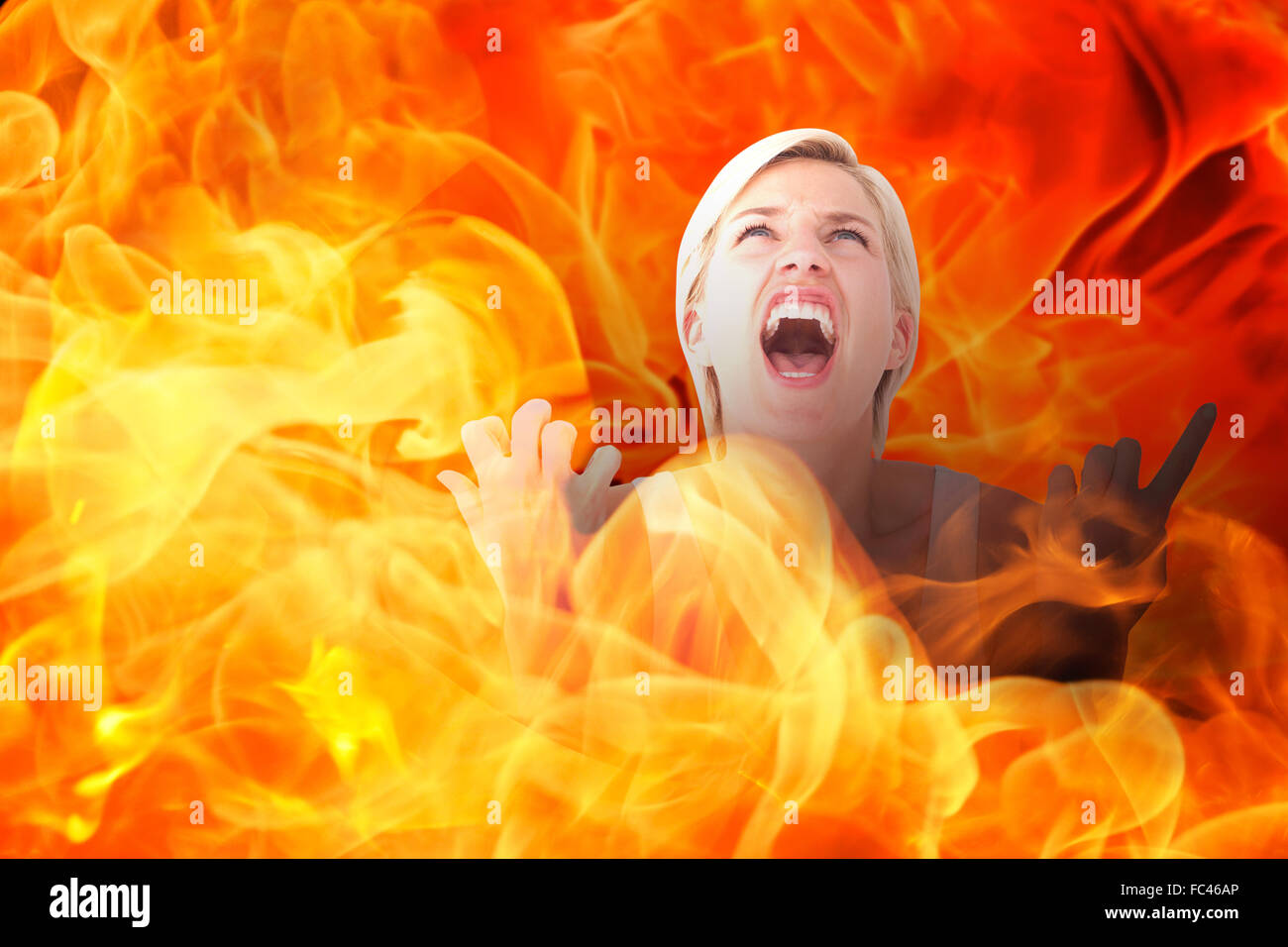 Composite image of upset woman screaming with hands up Stock Photo - Alamy