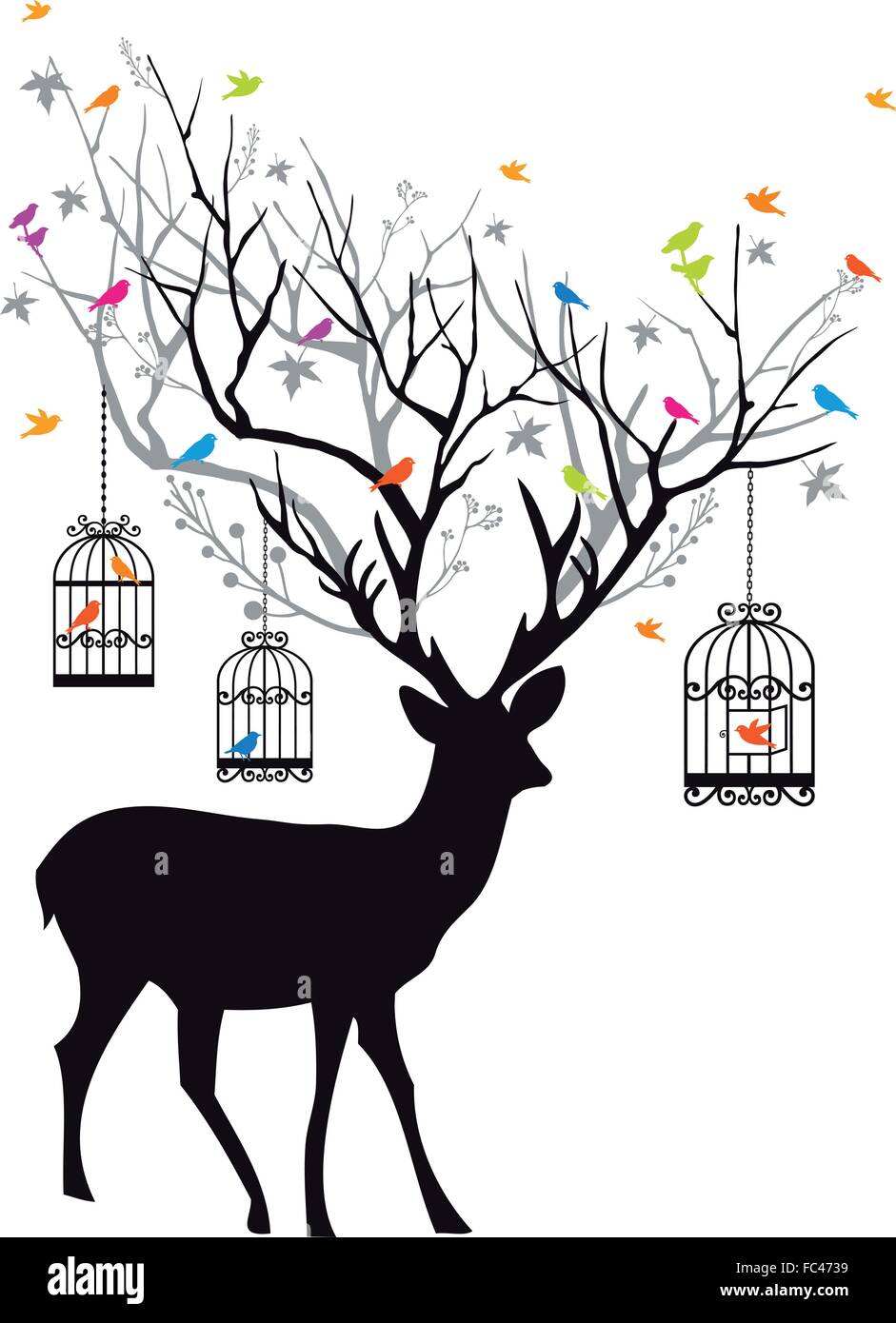 deer with tree antlers, birdcages and birds, vector illustration Stock ...