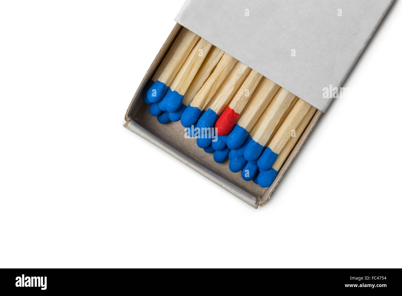 Matchbox with blue and one red matches isolated on white background ...