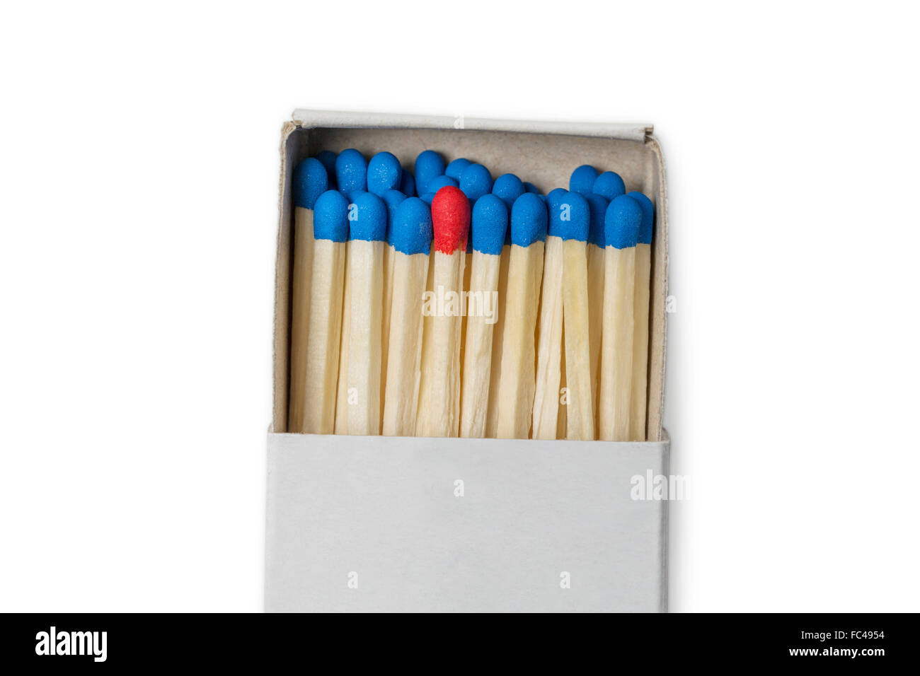 Matchbox with blue and one red matches isolated on white background ...
