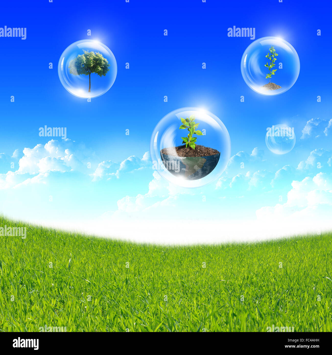 Abstract bubbles against the blue sky and clouds. Symbol of ...