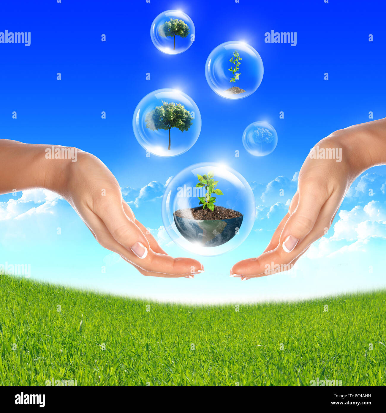 Abstract bubbles against the blue sky and clouds. Symbol of ...