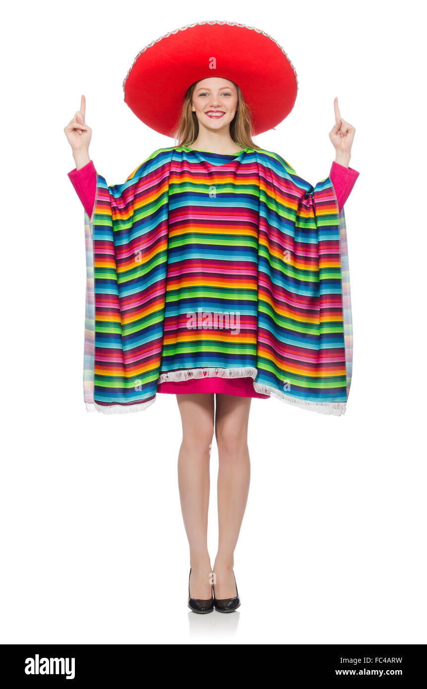 Pretty girl in mexican poncho isolated on white Stock Photo - Alamy